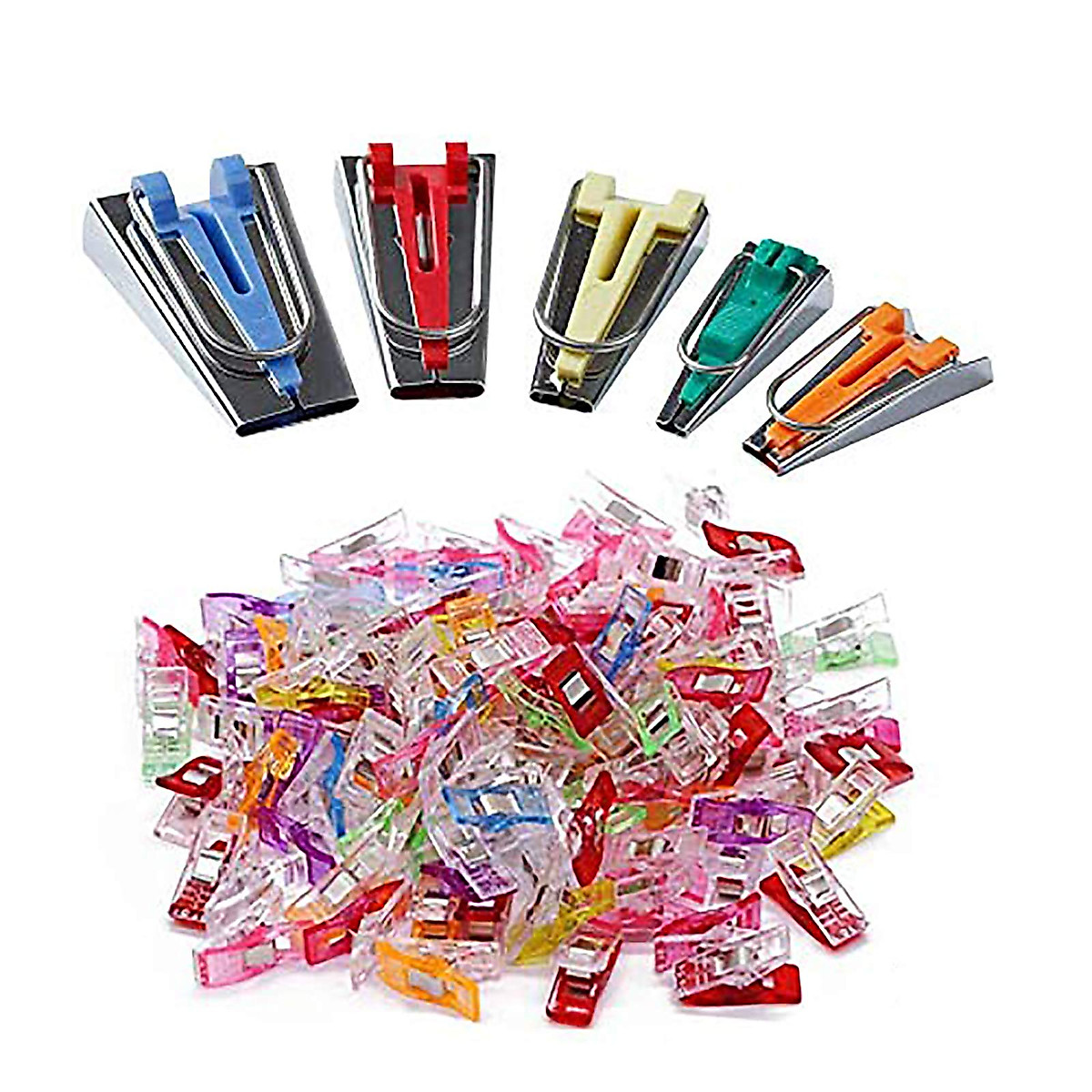 YICBOR Bias Tape Maker Set 6mm 9mm 12mm 18mm 25mm Fabric Bias Binding Maker with 100pcs Colorful Multipurpose Sewing Clips for DIY Sewing Crafting Quilting Tools Kit