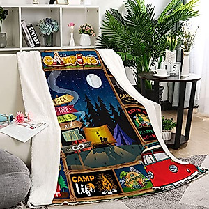 Onecmore Camping Blanket for Women and Men Gifts for Camping Lovers Happy Camping Camping Bus Soft Lightweight Warm and Comfortable Throw Blanket Blanket for Living Room Couch Chair Bed Sofa 50"x60"