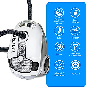 Prolux Tritan Bagged Canister Vacuum Cleaner, HEPA Filtration, Complete Home Care Tool Kit, Pet Hair Removal, Adjustable Power Setting, White