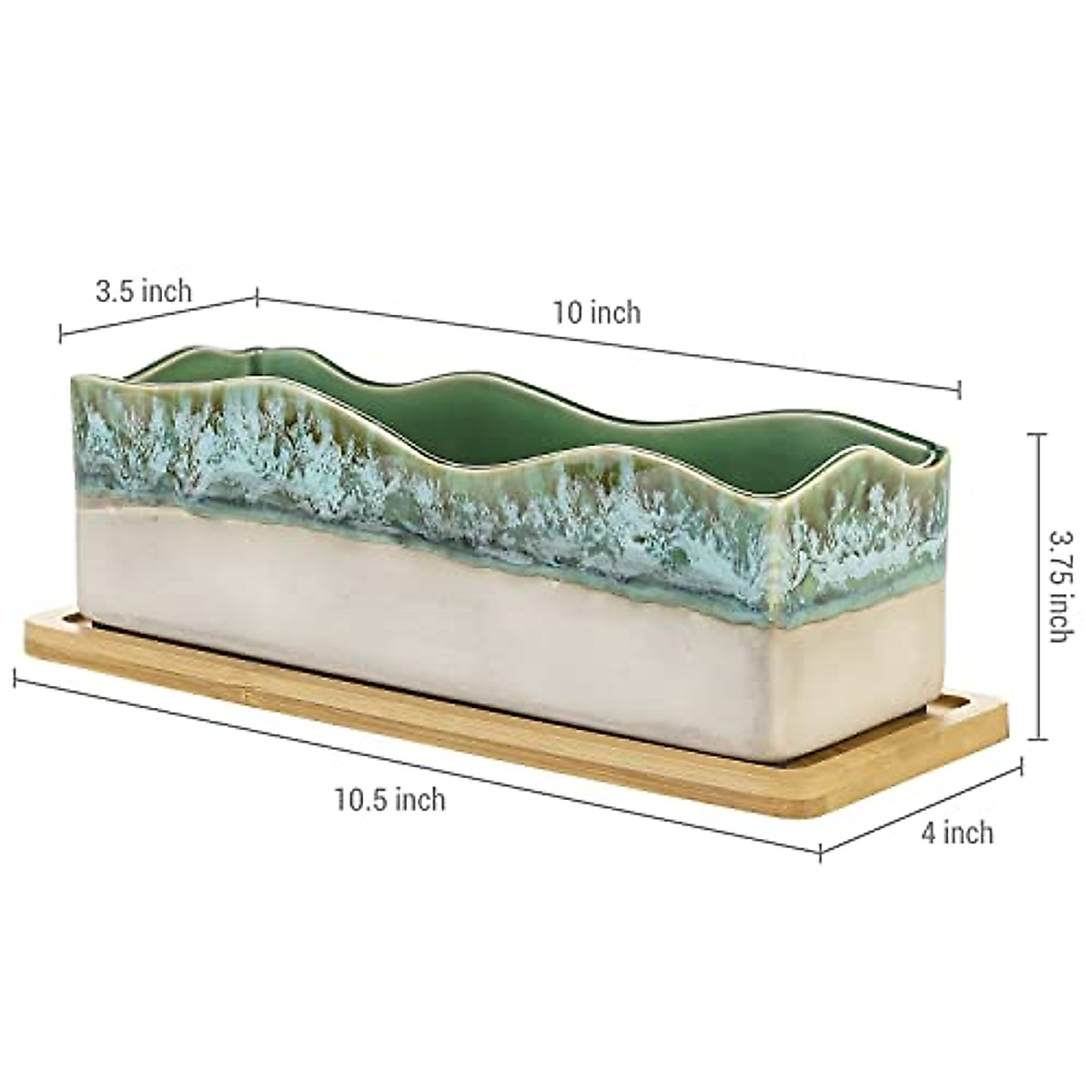 MyGift Rectangular Succulent Planter - Decorative Beige and Green Ceramic Glazed Plant Container Pot with Removable Bamboo Tray