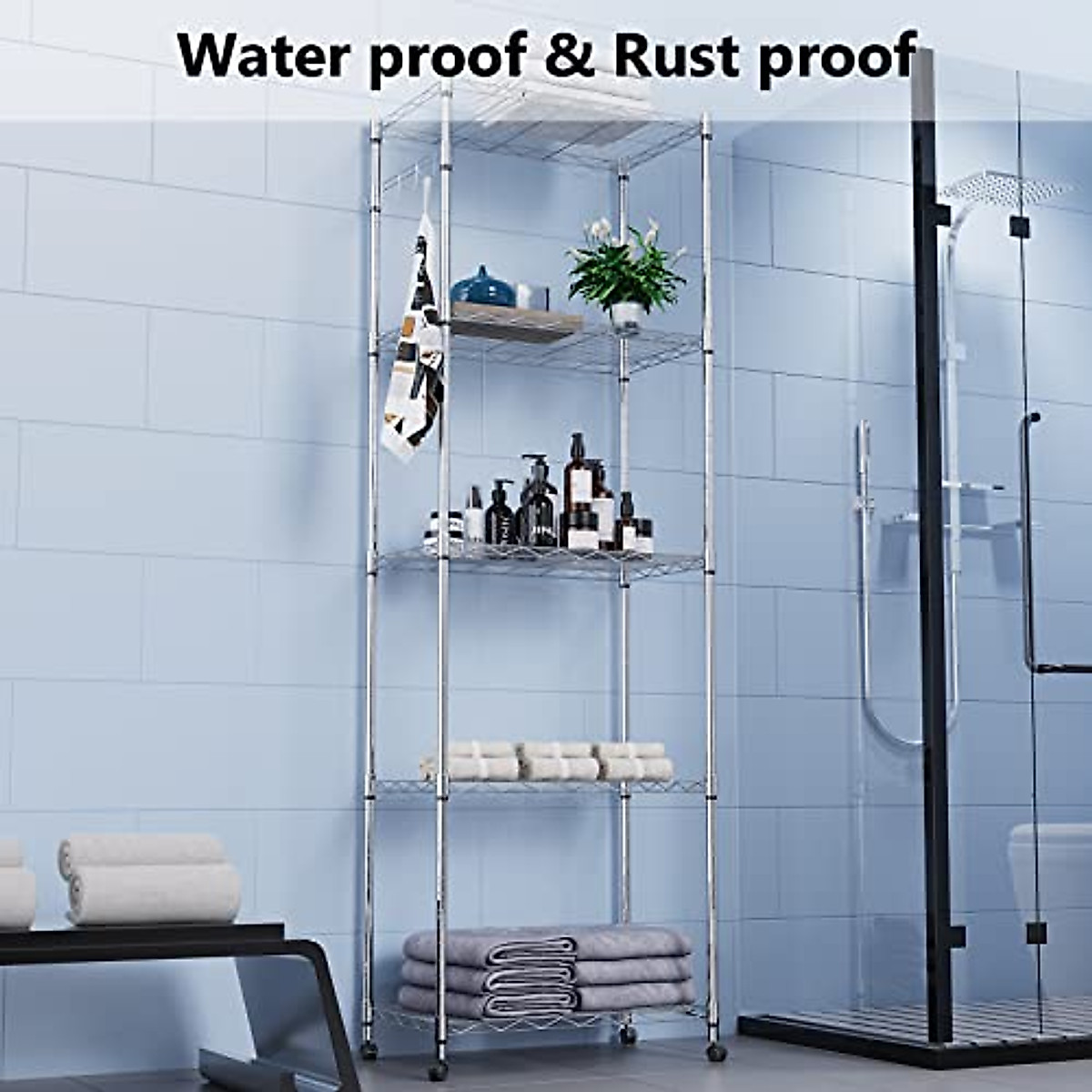 BATHWA 5-Shelf Wire Shelving Units, Sturdy Metal Shelf Chrome Organizer Wire Rack with 360° Wheels, Adjustable Utility Storage Shelves for Garage, Kitchen, Living Room, Bathroom, 23.2L x 13.8W x 72H