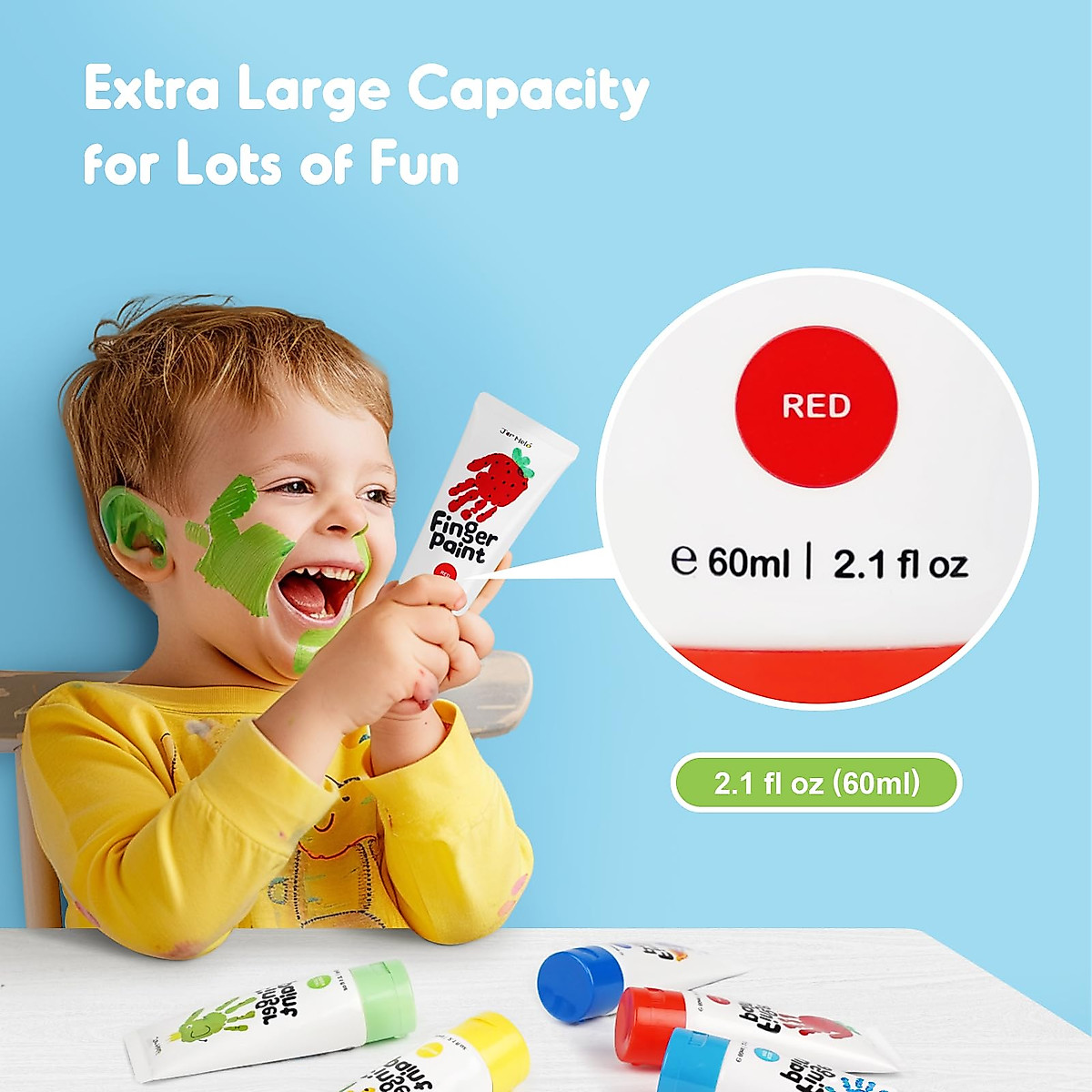 Jar Melo Washable Finger Paints for Toddlers, 12 Colors Large Capacity (2.1fl oz), Non Toxic Baby Paint for Hand and Feet, Safe Art Supplies, Preschool Learning Gifts for Kids Age 2+