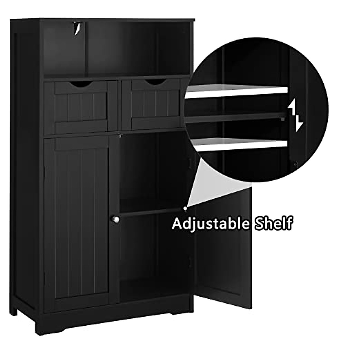 Iwell Large Bathroom Cabinet, Bathroom Storage Cabinet with 2 Drawers & 2 Shelves, Bathroom Floor Cabinet with 2 Doors for Living Room, Bedroom, Kitchen, Black