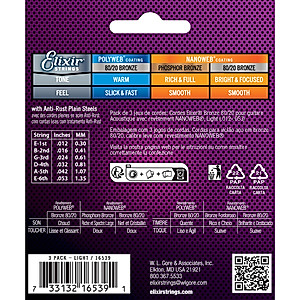 Elixir Strings, Acoustic Guitar Strings, 80/20 Bronze with NANOWEB Coating, Longest-Lasting Bright and Focused Tone with Comfortable Feel, 6 String Set, 3 Pack, Light 12-53