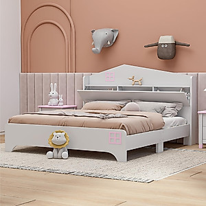 Full Bed with Storage Headboard, Wood Platform Bed with House Shaped Headboard, Kid Low Bed Frame with Shelf and Slats Support, No Box Spring Needed, White