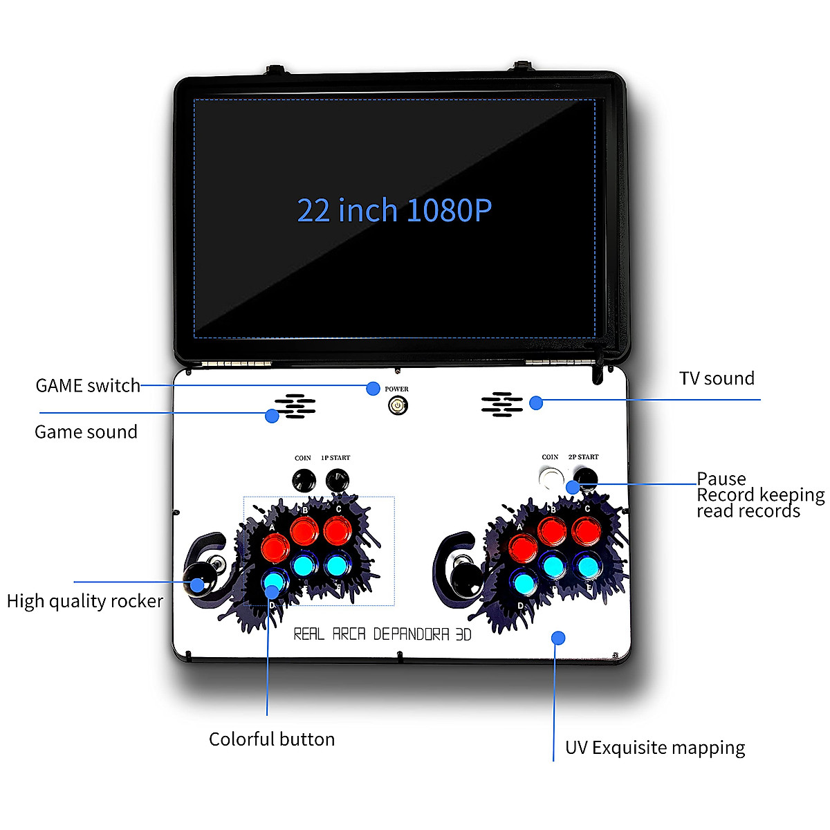 WYGAMING Portable 20000 in 1 Metal Box 3D Arcade Game Console, 22 inch Screen Retro Electronic Game Console, with Search/Hide/Save/Load/Pause Functions