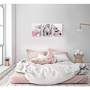 Visual Art Decor Glam Fashion Picture Pink Blush Wall Art Leopard Books High Heel Shoes Perfume Canvas Prints for Modern Home Office Woman Girl Makeup Bedroom Wall Decoration Creative Design Gift (12x16x3)