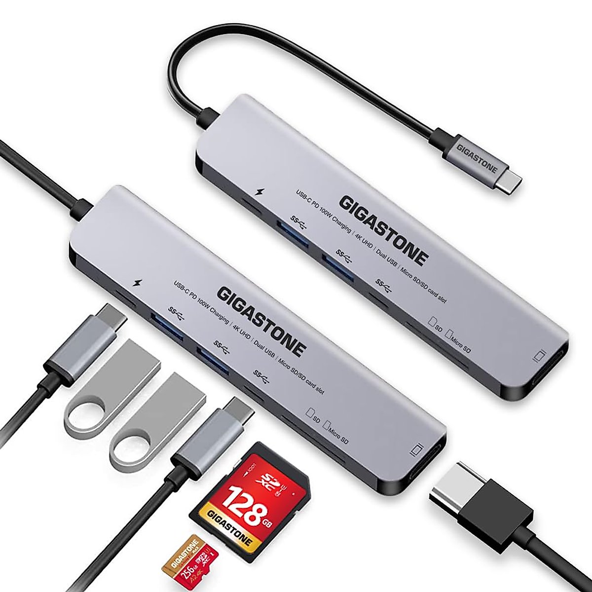 [USB C Hub] 2-Pack GIGASTONE 7 in 1 Multiport Adapter for iPad, MacBook Pro Air with 4K HDMI Splitter, PD 100W Thunderbolt, SD/microSD Reader, Dongle for iPhone 15, Surface, XPS, Laptops, Tablets