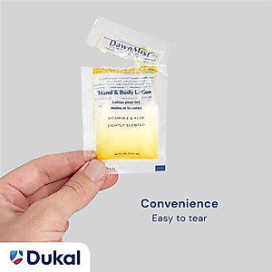 Dukal Moisturizing Lotion. Pack of 100 Hand & Body Lotion. Mild Coconut Fragrance Contains Aloe, Vitamin E, Alcohol-free formula Moisture Loss Prevention 0.35 oz Single-Use Packet. Scented Body Lotion