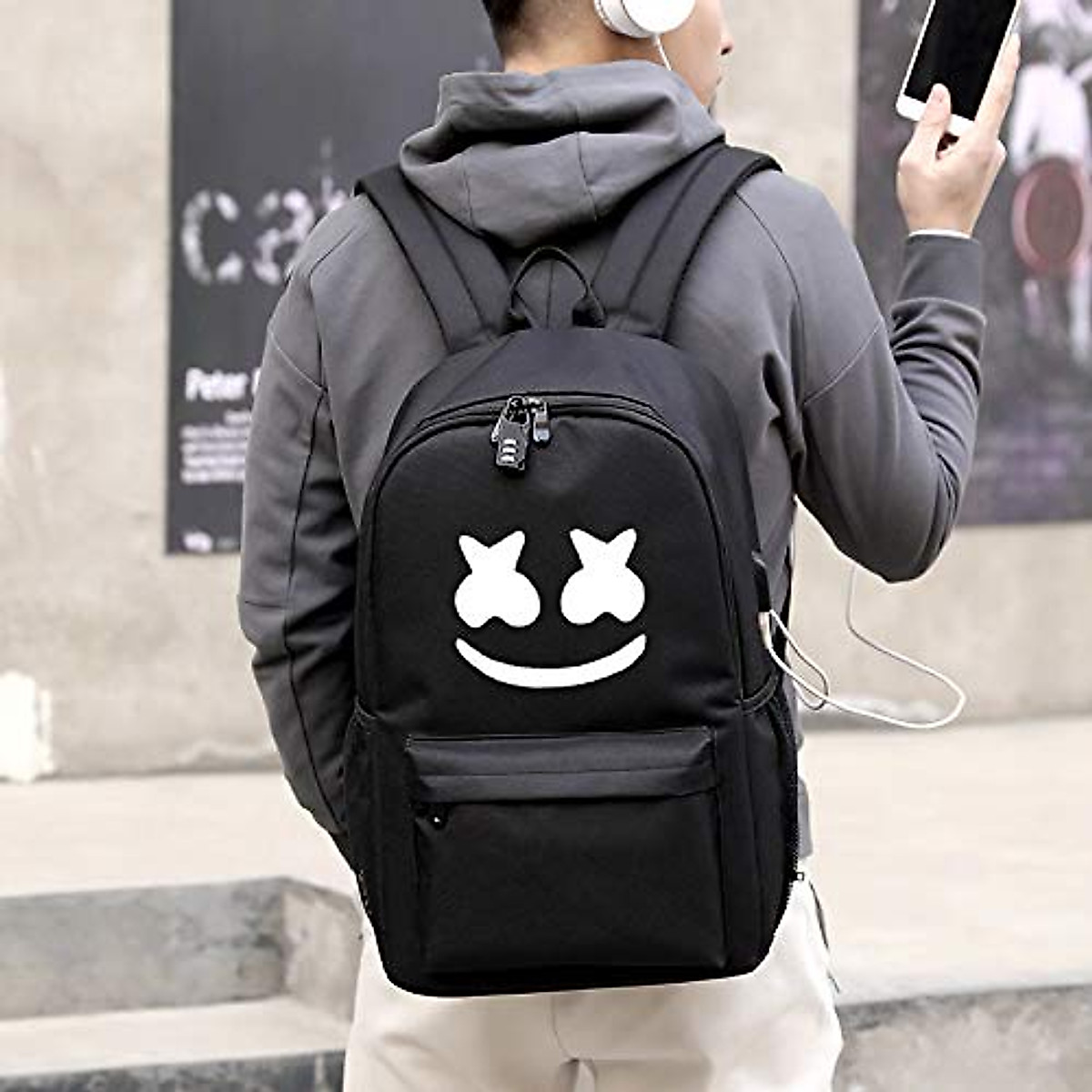 Mello Backpack Marshmallow Backpack Glow in Dark Smile Laptop Backpack for Boys USB Charging Backpack w/USB Headphone Ports & Cables & Lock (Classic Mello)
