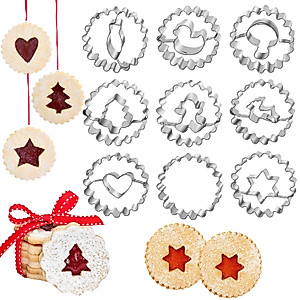 KAISHANE 9PCS Mini Linzer Cookie Cutter Set, Christmas Holiday Metal Cookie Cutters, Gingerbread Man, Christmas Tree, Bell, Heart Shape for Baking Sandwich Jam Cookies
