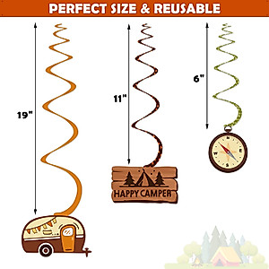 Levfla 30CT Happy Camper Party Hanging Swirls Decoration Camping Kids Birthday Photo Props Ideas Tent Cutouts Adventure S'more Whirls Signs Baby Shower Favor Supplies