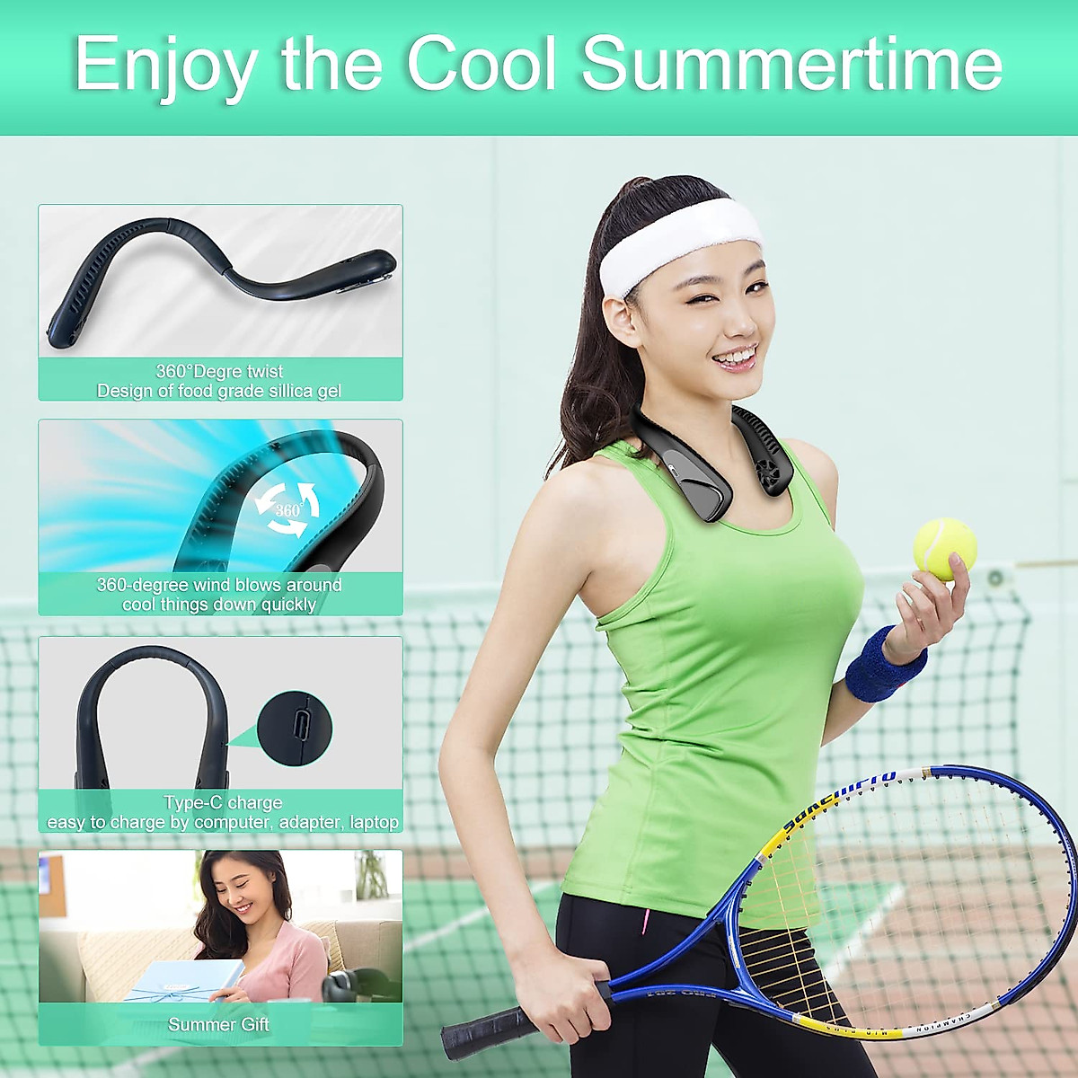 Neck Fan, 5000mAh Foldable Bladeless Neck Fans Portable Rechargeable, 3 Speeds Adjustment 360° Cooling Airflow, Hands Free Wearable Personal Fan, USB Powered, Portable Fan for Travel Outdoor-Black