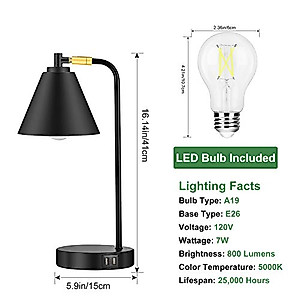 Industrial 3 Way Dimmable Touch Control Desk Lamp with 2 USB Ports & AC Outlet Bedside Nightstand Reading Lamp Flexible Head Farmhouse Black Table Lamp for Office Bedroom Living Room Bulb Included