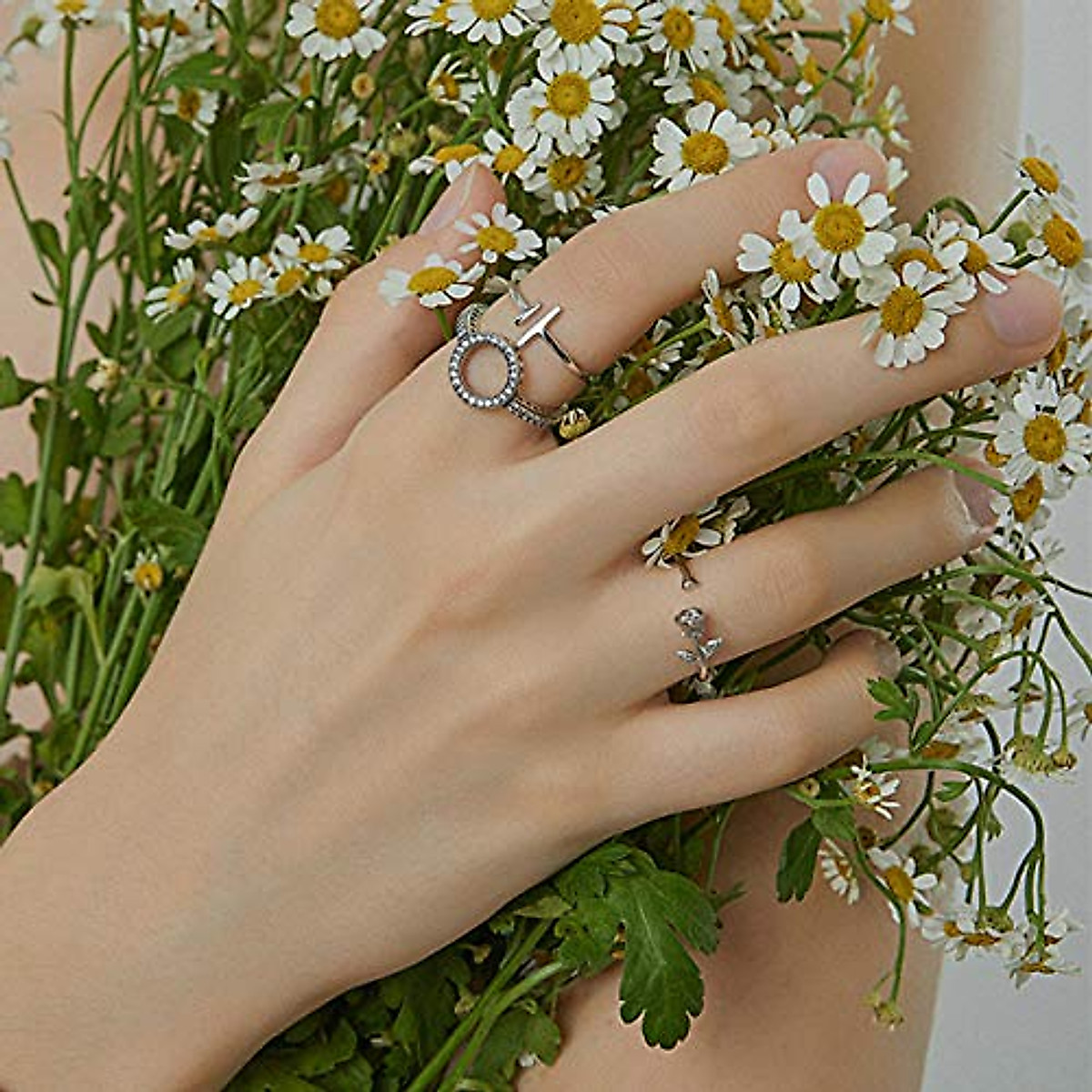 BISAER 925 Sterling Silver Rose Flower Ring for Women Adjustable Stacking Wedding Engagement Rings