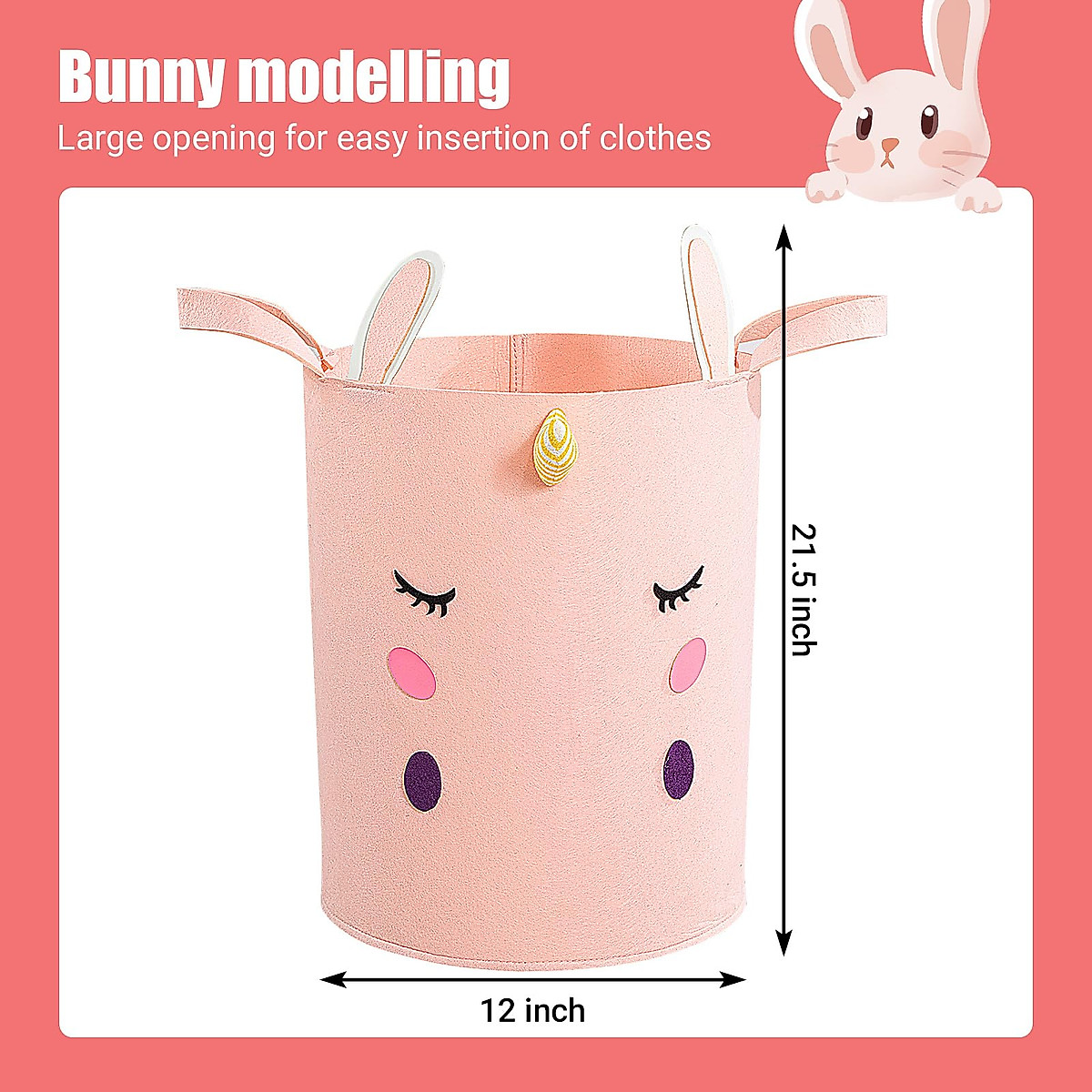 HOMBYS Glow in The Dark Bunny Hamper-Kids Laundry Basket, Large Cute Design Storage Bin for Toys& Clothes, Dinosaur Room Decor for Boys&Girls, Laundry Hamper with Handles, Durable-16"x14"x14"