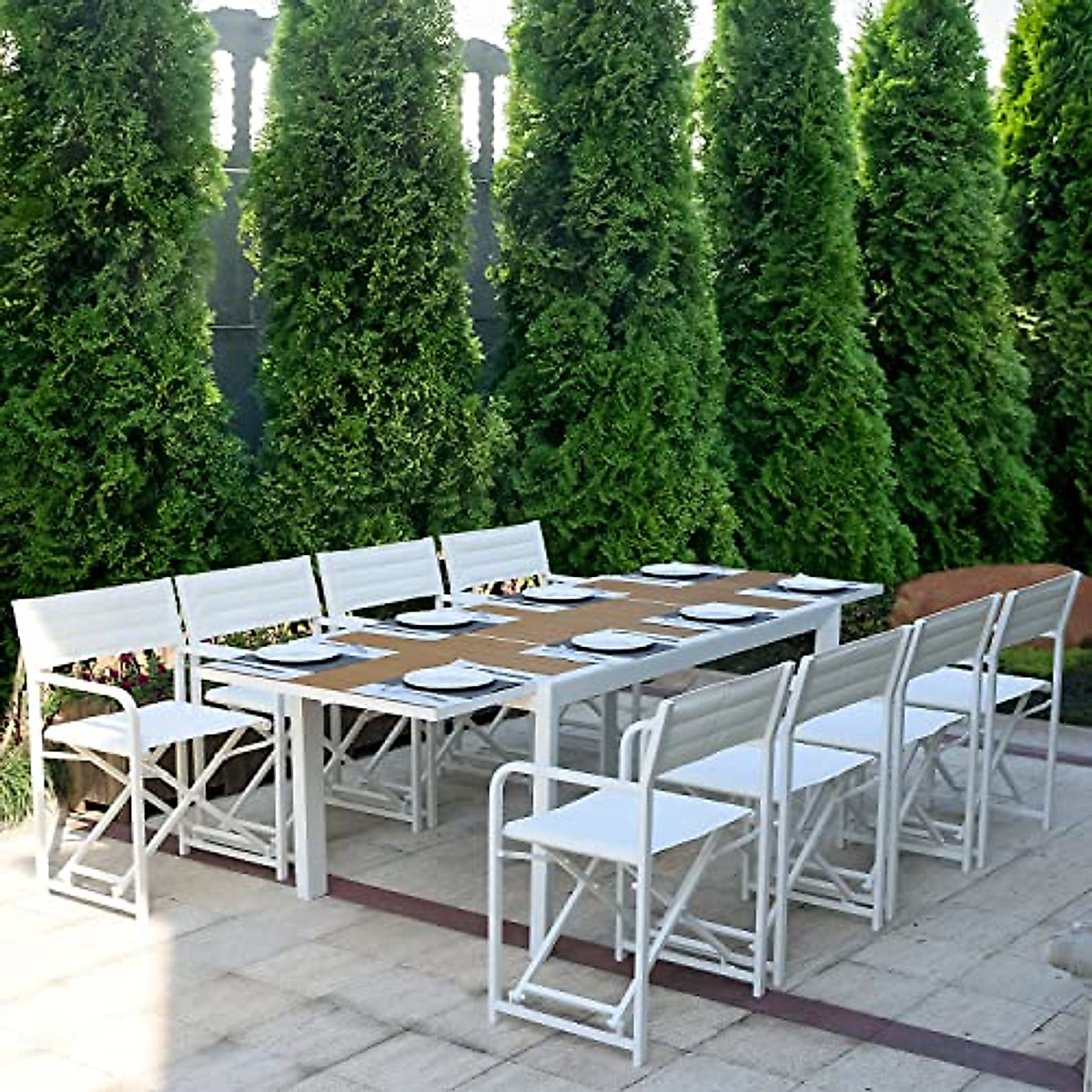 Aoodor Outdoor 6-10 Person Aluminum Patio Extendable Dining Table, Rectangular Table & 8 Chairs for Patio, Deck, Garden,Courtyard - Brown and White