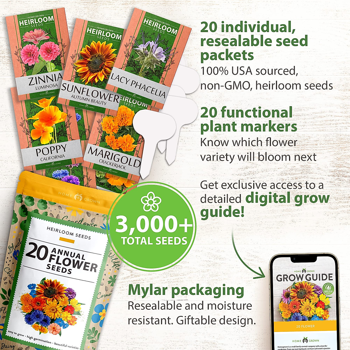 HOME GROWN 20 Flower Seeds Variety Pack - Individual Flowers Seeds for Planting | Flower Seeds Packs for Planting Outside & Indoors