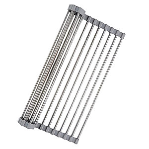 HIGEEK Roll Up Dish Drying Rack Over The Sink Dish Rack Kitchen Rolling Dish Drainer Over Sink, Foldable Sink Rack Mat Stainless Steel Wire Dish Drying Rack for Kitchen Sink Counter (17.5''x11.8'')