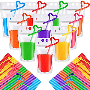 500 Count Summer Plastic Drink Pouches with Straws Heavy Duty Handheld Translucent Reclosable Drink Bags Portable Liquor Pouches Zipper Plastic Pouches for Cold and Hot Drinks for Adults and Kids