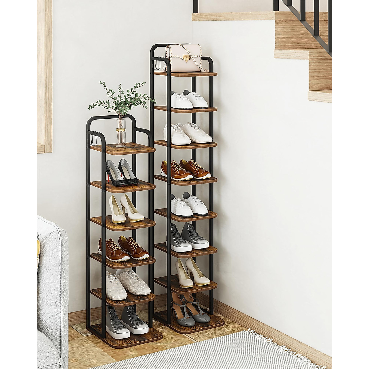 Hzuaneri Vertical Shoe Rack, Shoe Shelves, Wood Shoe Organizer for Closet, Entryway, Shoe Tower for Small Spaces, Free Standing, Adjustable, with 2 Hooks, 8 Tier Rustic Brown SR04301B