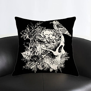 Halloween Decoration Pillow Covers 20x20 Inch Skull Black White Pillow Cases Death Skeleton Floral Bird Crow Modern Urban Retro Hand Drawn Pattern Cushion Covers Decorative Pillows for Home Room Sofa