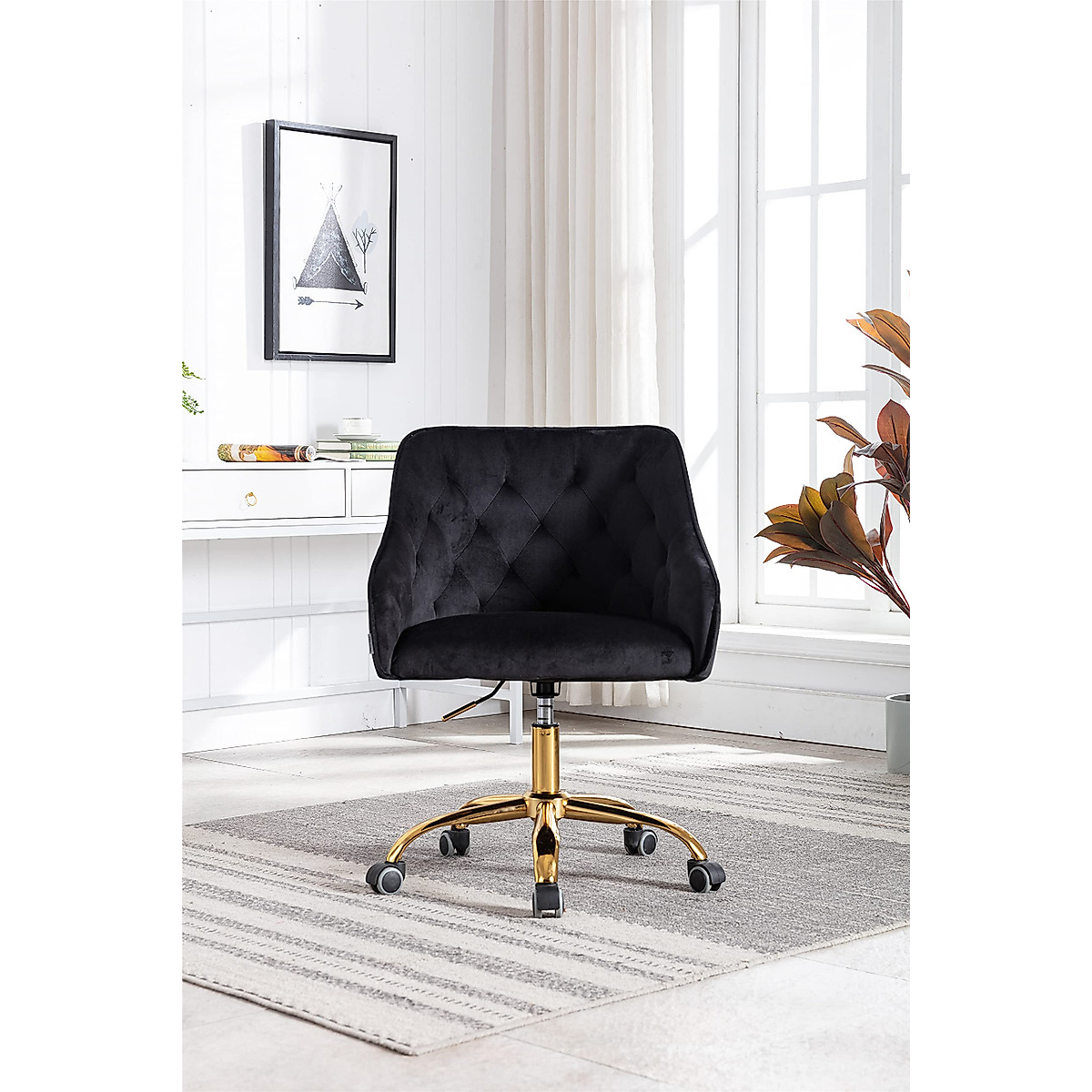 KUIKUI Velvet Desk Chair, Modern Office Chair, Wheels Swivel Height Adjustable Swivel Task Chair for Home Office,Black