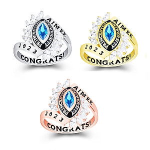 JNJ Women's Class Ring, personalized for high school and college graduates, Sterling Silver, Birthstone, Original design, Marquise Styles-Jour Nouveau Jewelry (Platinum)