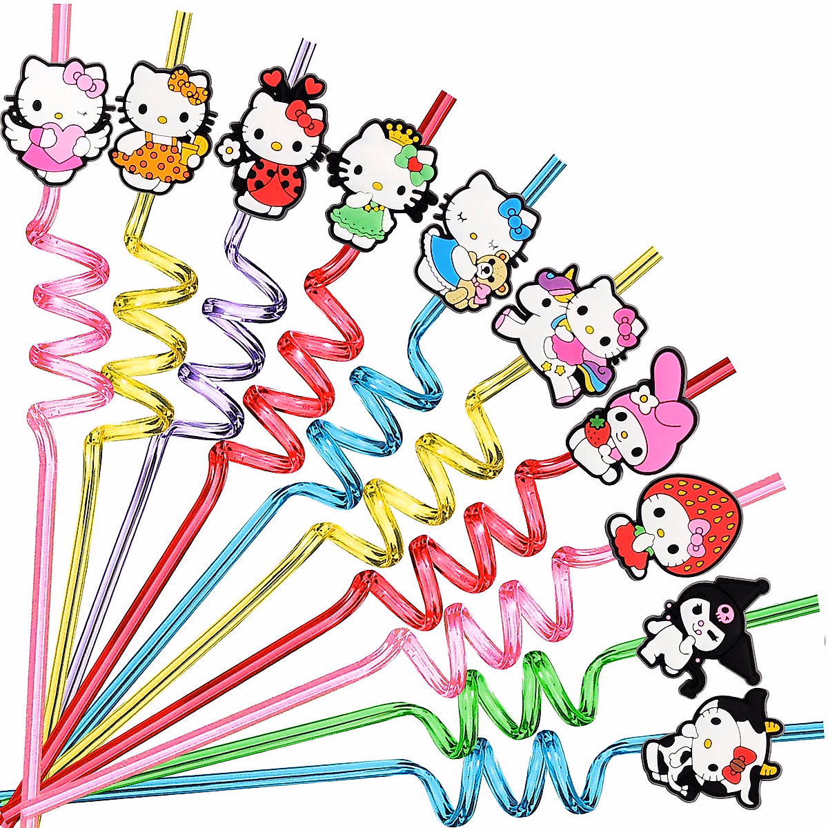 28Pcs Cute Kitty Party Favors Reusable Drinking Straws, 14 Designs Cartoon Birthday Party Supplies with 2 Cleaning Brush