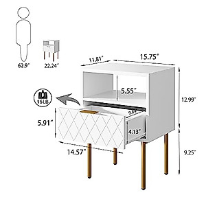 Aobafuir Nightstand, Drawer Dresser for Bedroom, Small Side Table with Drawer, Bedside Furniture, Night Stand, End Table with Gold Frame for Bedroom,Living Room,White