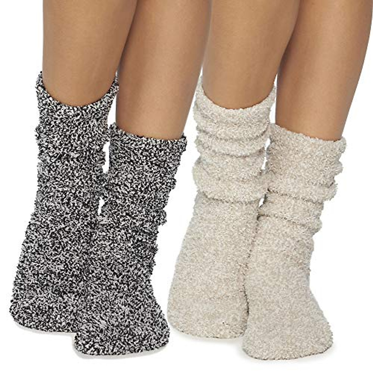 Barefoot Dreams CozyChic Women Heathered Socks, Crew Socks, Plush Socks, Loungewear, Warm Toes, Fuzzy Socks-Black/White-Stone/White (Set of 2)