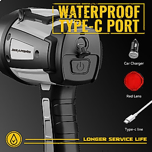 Durapower Rechargeable Spotlight, 200000 Lumen LED Handheld Spotlight, IP68 Waterproof Spotlight Flashlight Portable Marine Boat