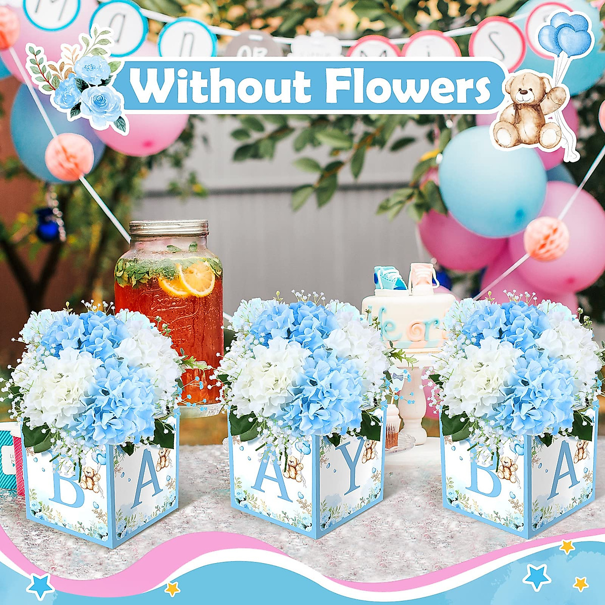 Bucherry 6 Pcs Baby Shower Party Decorations Baby Flower Boxes Centerpiece Rustic Table Display with Letters Gender Reveal Party Favor Block Holder(Blue,Blue Bear)
