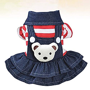 POPETPOP Denim Dog Dress - Cute Red Stripe Plush Bear Cowboy Pet Skirt, Pet Clothes for Small Medium Large Dogs Puppy, Pet Costumes