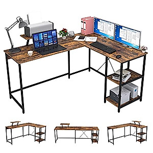 OUTFINE L Shaped Desk Corner Desk Double Computer Desk Home Office Gaming Workstation with Storage Shelves and Monitor Stand