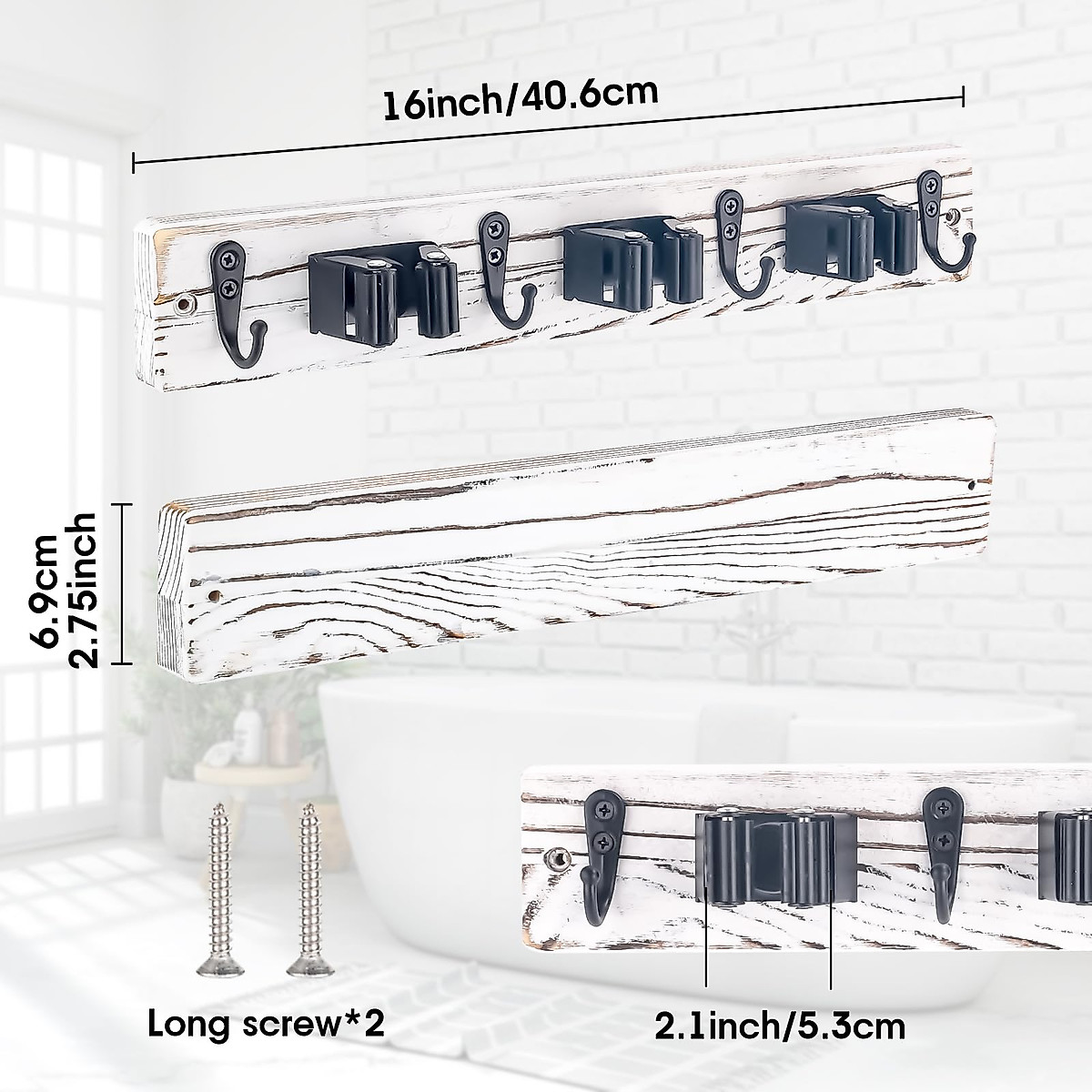 Mop and Broom Holder Wall Mount-Rustic Wood Broom Hanger Wall Mount | Laundry Room Decor-Broom Organizer Wall Mount-Garden Tool Organizer Closet Garage Farmhouse Kitchen Deco(White-3slots/4hooks)