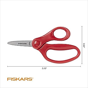 Fiskars 5" Pointed-Tip Scissors for Kids Ages 4-7, Scissors for School or Crafting, Back to School Supplies, Red