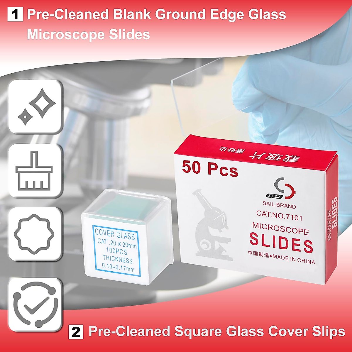 Microscope Slides Clear Glass 50 Pcs Pre-Cleaned Blank Microscope Slides Ground Edges 1" x 3" with 100pcs Pre-Cleaned 20mm x 20mm Microscope Cover Slips Glasses for Basic Biological Science Education