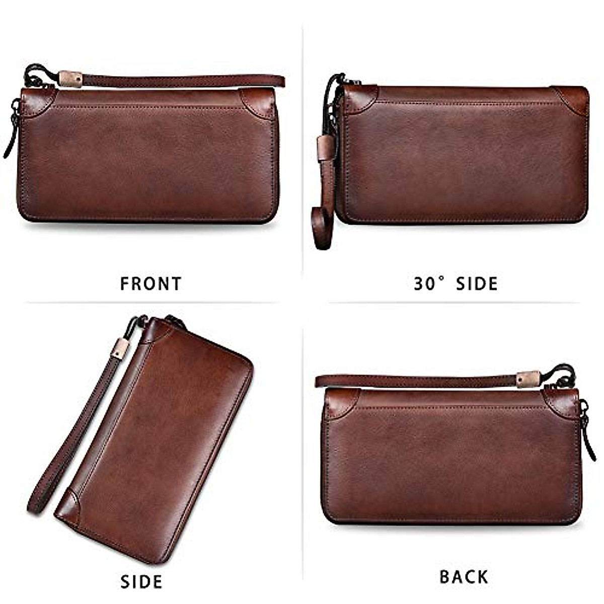 Genuine Leather Wallet for Women Dual Use Zip Long Purse Vintage Handmade Clutch Cowhide Card Holder Organizer (Coffee)