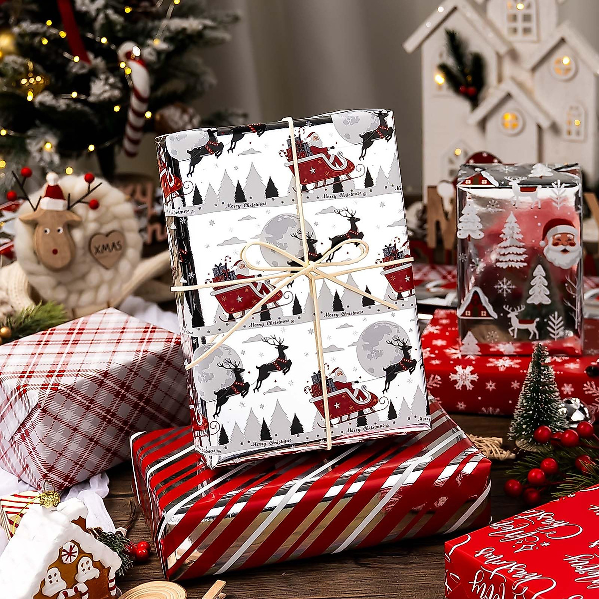 Homeral Reversible Christmas Wrapping Paper Roll - Metallic Shine Santa, Sleigh, Reindeer, Stripe, Plaid, Letterings, Snowflake for Christmas, New Year Celebration - 3 Rolls - 17 x 120 Inch Per Roll