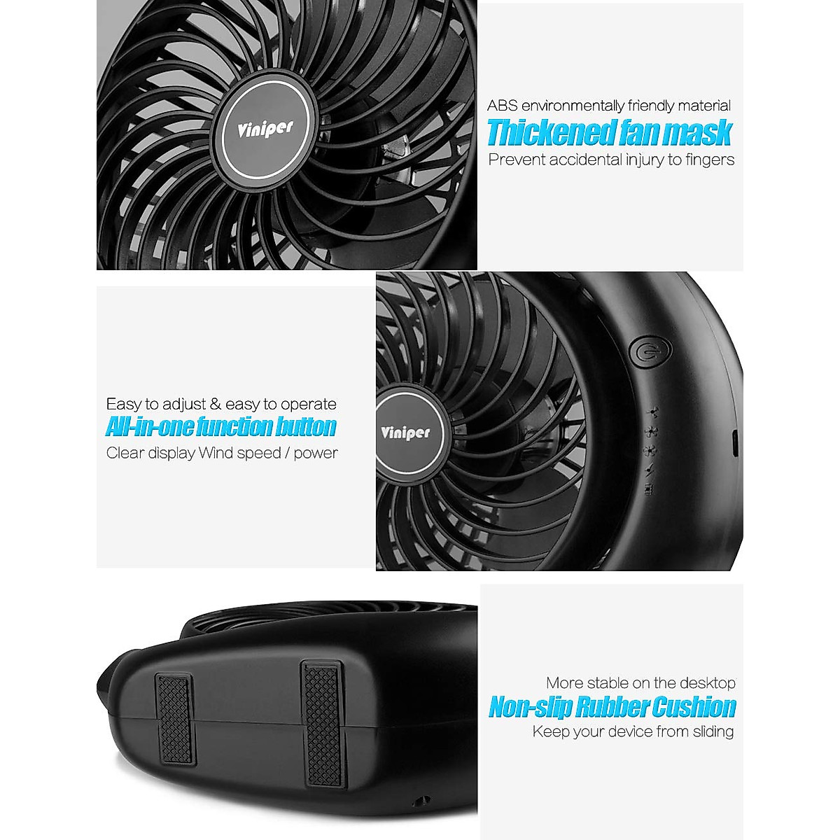 Viniper Portable Rechargeable Fan, Small Desk Fan : 3 Speeds & about 8-24 Hours Longer Working, 180 Rotation, Portable Battery Desktop Fan for Home/Office (Black, Light Black Blade)6.2 inch