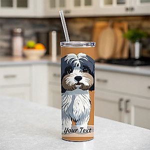 Personalized Custom Name Text Havanese Dog Standing Skinny Tumbler 20oz with Straw Insulated Water Bottle Gift - 1 Line Horizontal