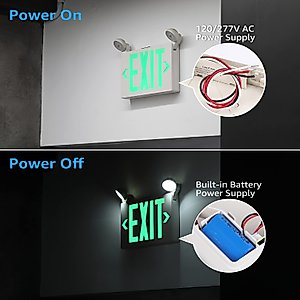 TORCHSTAR Green LED Exit Sign with Emergency Lights, UL 924, Emergency Exit Light with Battery Backup, Adjustable Heads, Fire Exit Sign with Lights, Double Face, AC 120/277V, Damp Location, Pack of 4