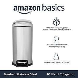 Amazon Basics 10 Liter / 2.6 Gallon Soft-Close, Smudge Resistant Trash Can with Foot Pedal for Narrow Spaces - Brushed Stainless Steel