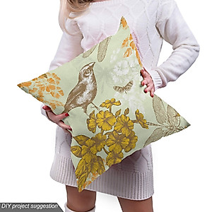 Lunarable Bird Fabric by The Yard, Vintage Composition with Bird Flying Butterflies and Dragonflies Blooming Wildflowers, Decorative Fabric for Upholstery and Home Accents, 1 Yard, Brown Mustard