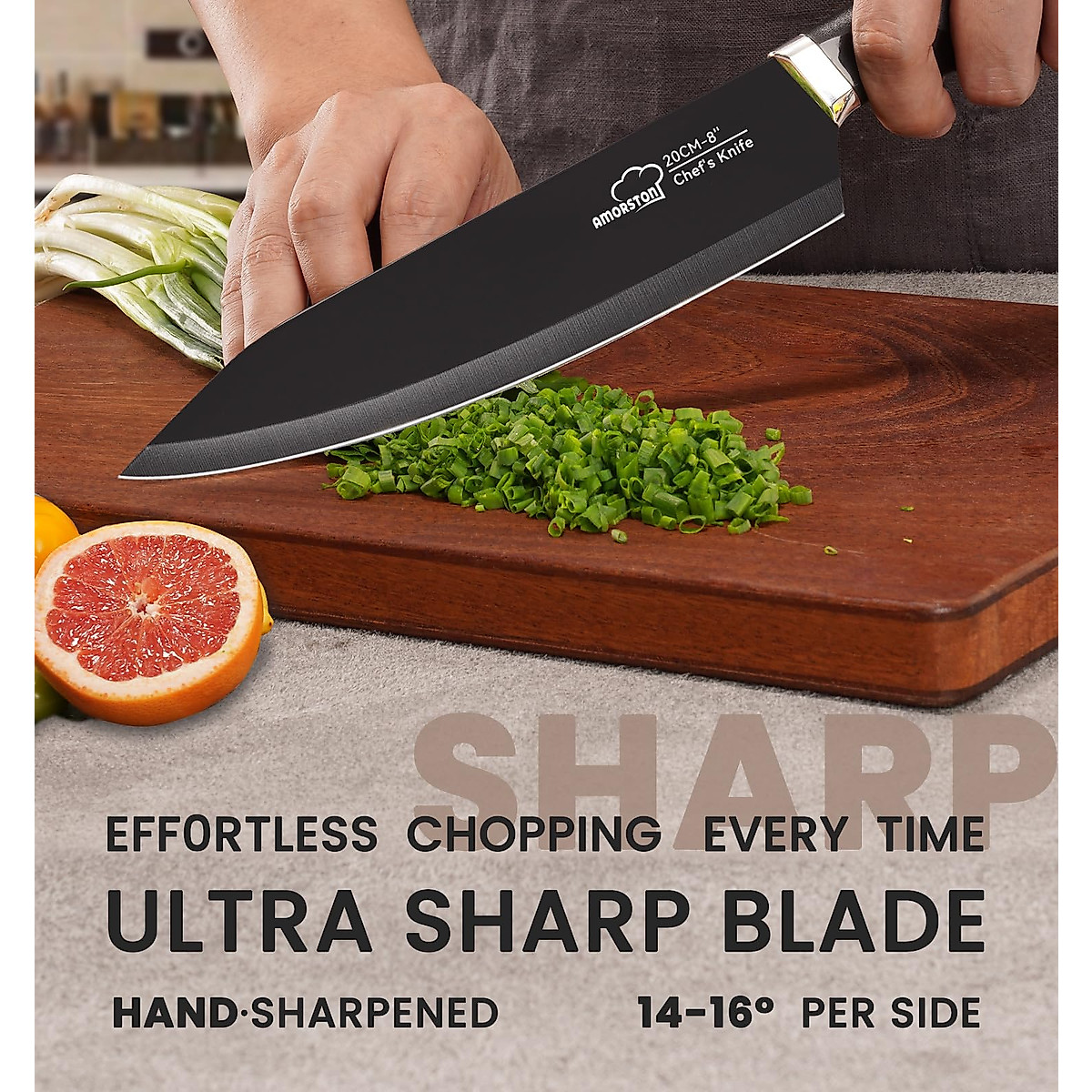 Knife Set, 15 Pieces Kitchen Knife Set with Built in Sharpener, German High Carbon Stainless Steel Knife Block Set, Dishwasher Safe, Black