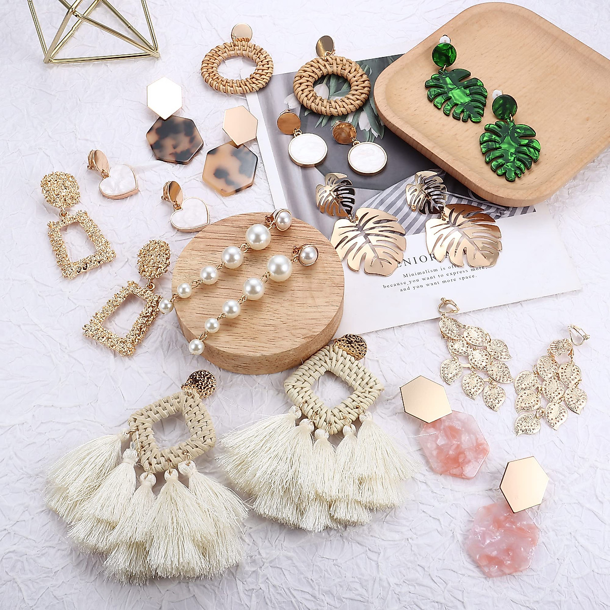 LOLIAS 11Pairs Clip On Earrings for Women,Bohemian Statement Earrings Geometric Rattan Tassel Hoop Heart Pearl Dangle Earrings Palm Leaf Dangle Earrings Tropical Clipon Earrings Non Piercing