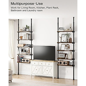 ALLZONE 5 Tiers Narrow Bookshelf, Tall Adjustable Ladder Book Shelf with Open Storage, Floor to Ceiling Tension Mount, Wooden Industrial Bookcase for Living Room, 92 to 116 Inch, Brown