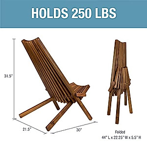 CleverMade Tamarack Folding Wooden Outdoor Chair -Stylish Low Profile Acacia Wood Lounge Chair for the Patio, Porch, Lawn, Garden or Home Furniture - Cinnamon