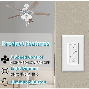 Nexete Ceiling Fan Control & Dimmer Wall Switch, 2 in 1 Light and Ceilig Fan Combination Light Switch,Single Pole,No Wi-Fi Capability, Neutral Wire Needed.